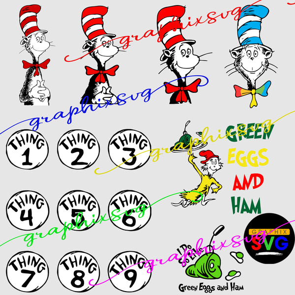 Dr. Seuss Svg Bundle, Cat In The Hat SVG, Green Eggs And Ham Svg, Thin ...